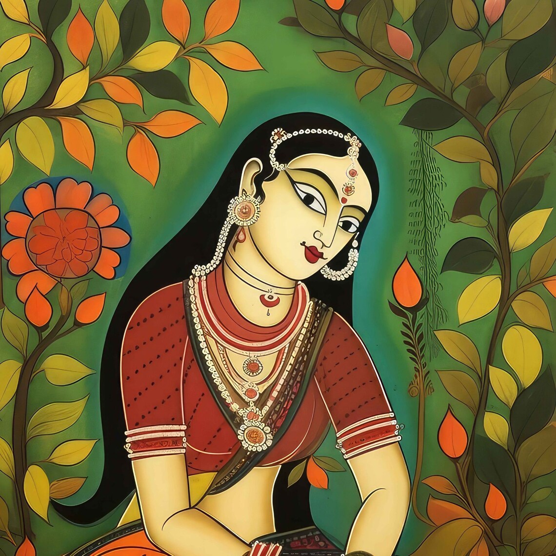 Green Kalighat Painting, Serene Woman in Nature, Hindu Folk Art Print ...