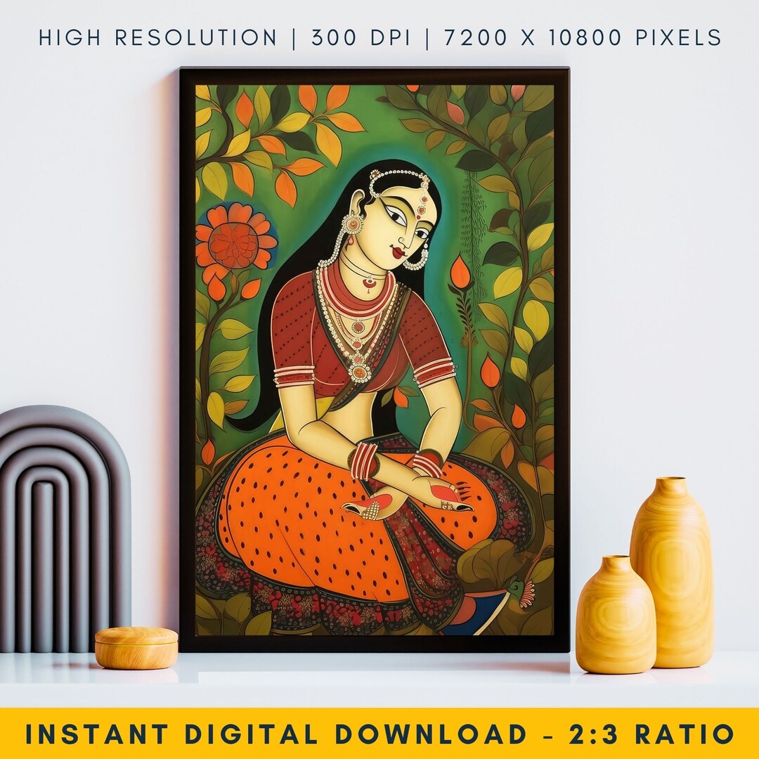 Green Kalighat Painting, Serene Woman in Nature, Hindu Folk Art Print ...