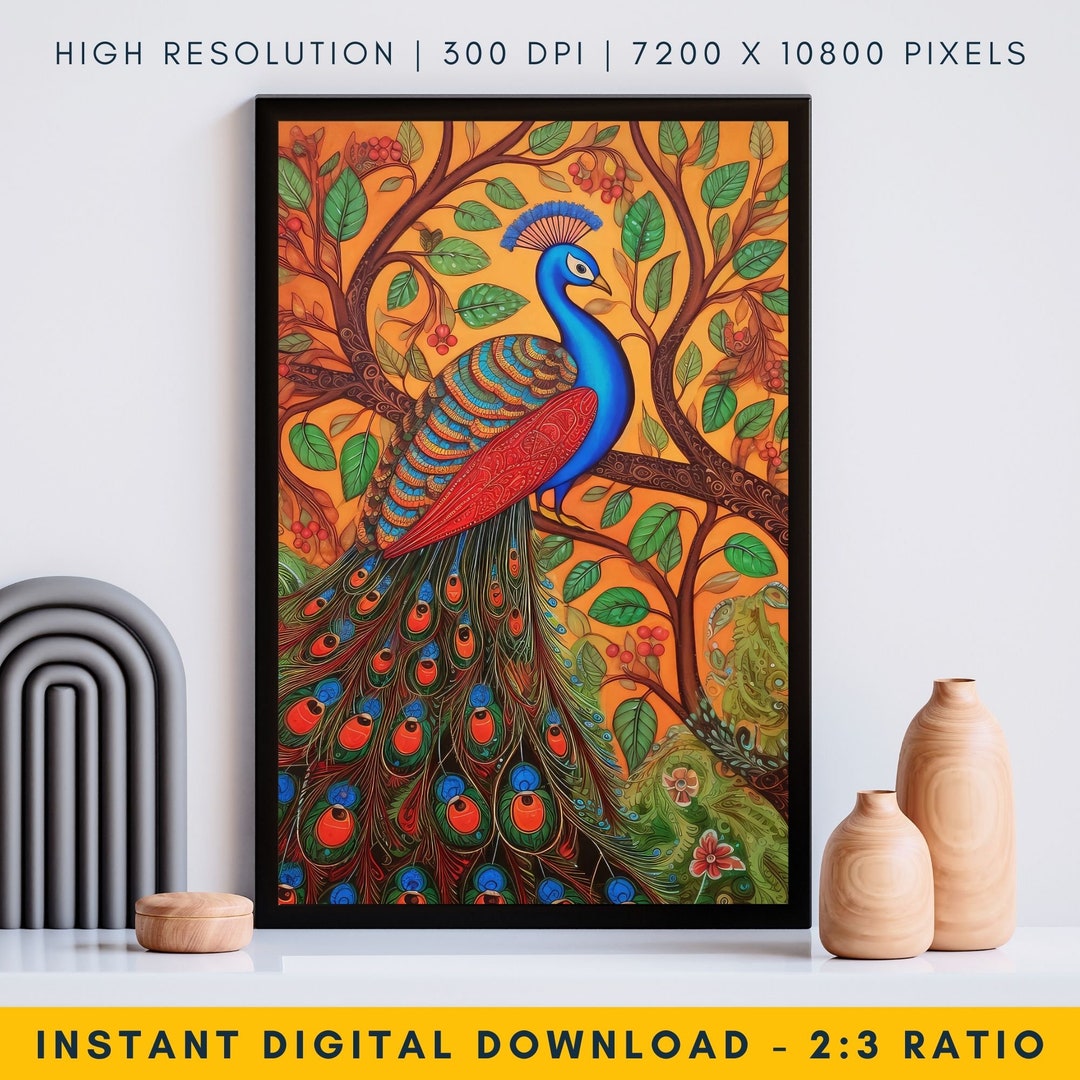 Madhubani Painting Peacock Wall Art Indian Folk Art Madhubani Art