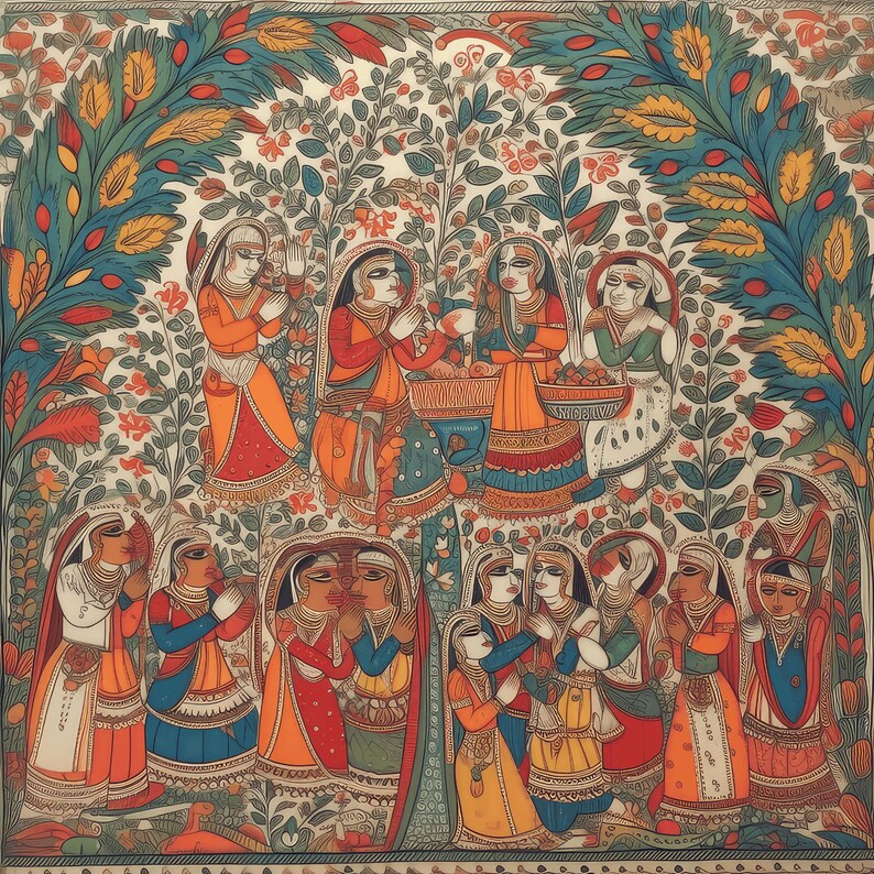 Holi Madhubani Painting, Indian Folk Art Digital Print, Festival of ...