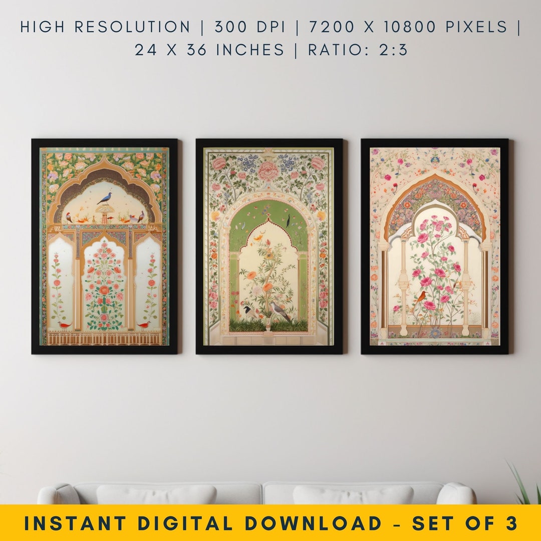 Set of 3 Indian Folk Art Painting - Enchanted Blossoms & Birds, Pichwai ...