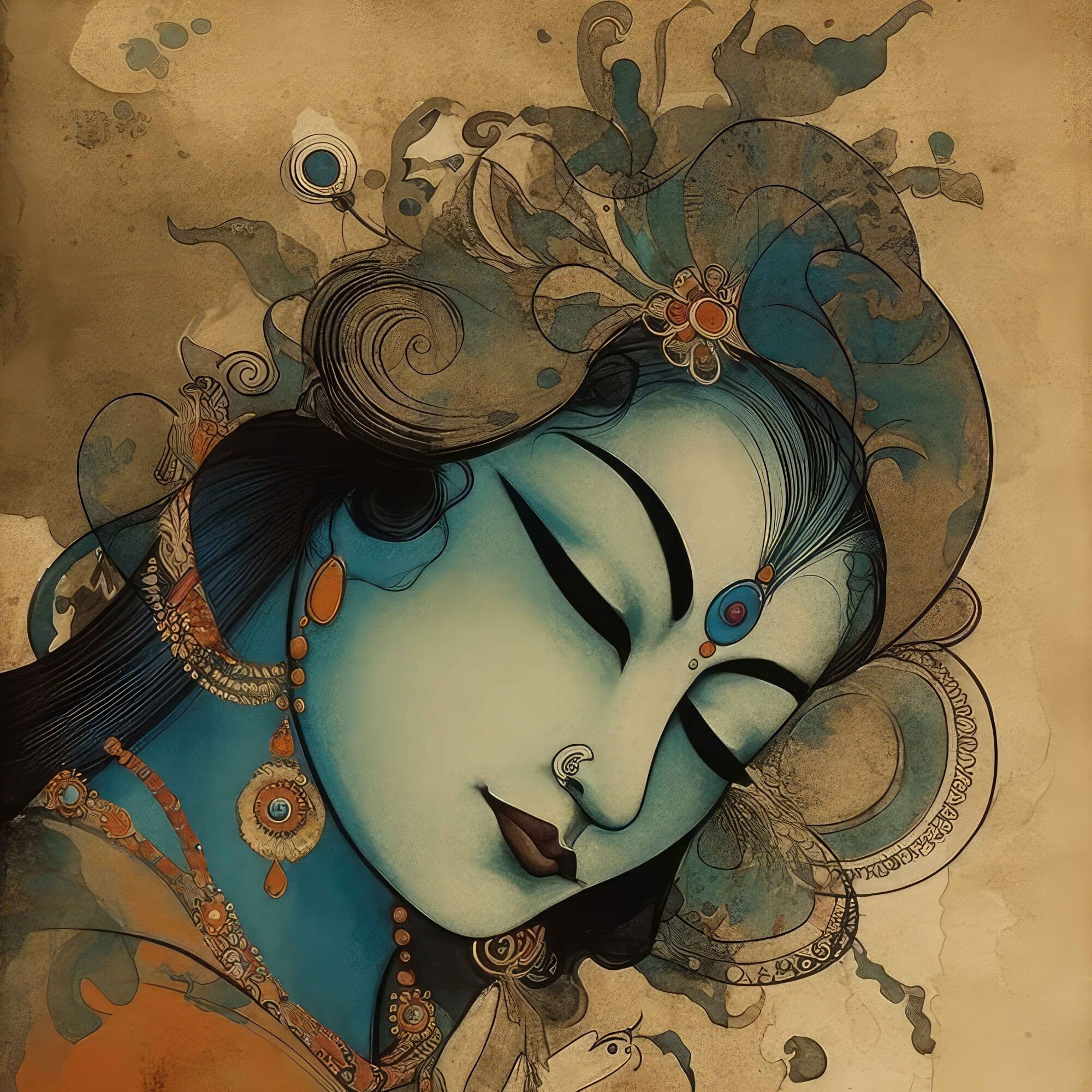 Serene Krishna Painting, Textured Pastel Hues Wall Art, Indian Folk Art ...