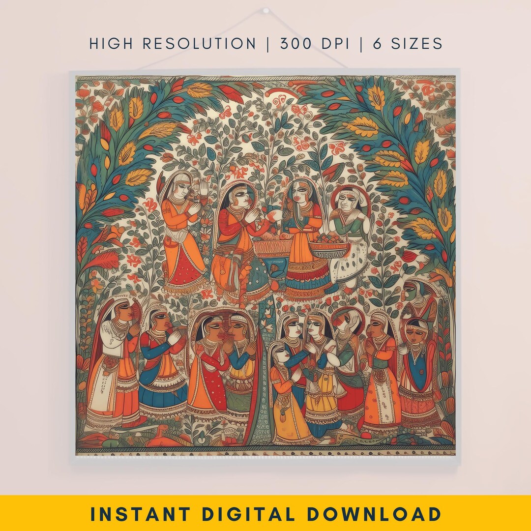 Holi Madhubani Painting, Indian Folk Art Digital Print, Festival of ...