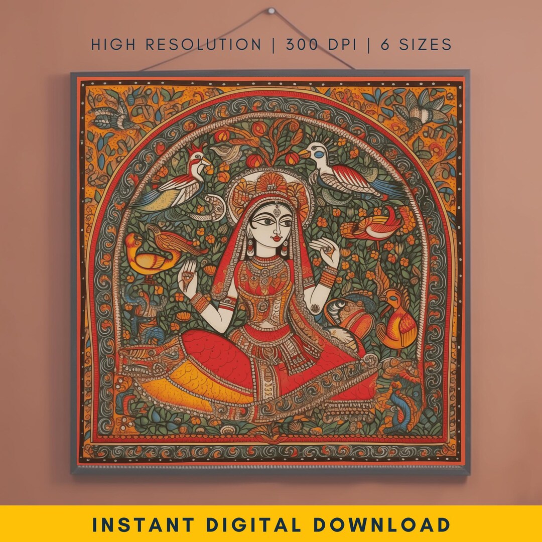 Madhubani Goddess Digital Print, Traditional Indian Folk Art, Mithila Painting, Ethnic Wall ...