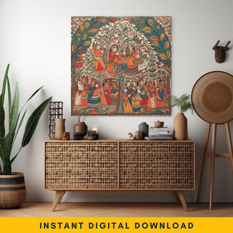 Holi Madhubani Painting, Indian Folk Art Digital Print, Festival of ...