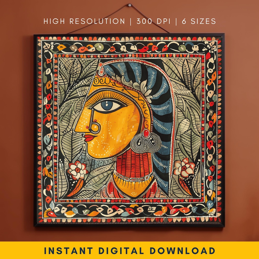 Madhubani Woman Portrait Digital Print, Indian Folk Art, Mithila Painting, Ethnic Boho Wall ...