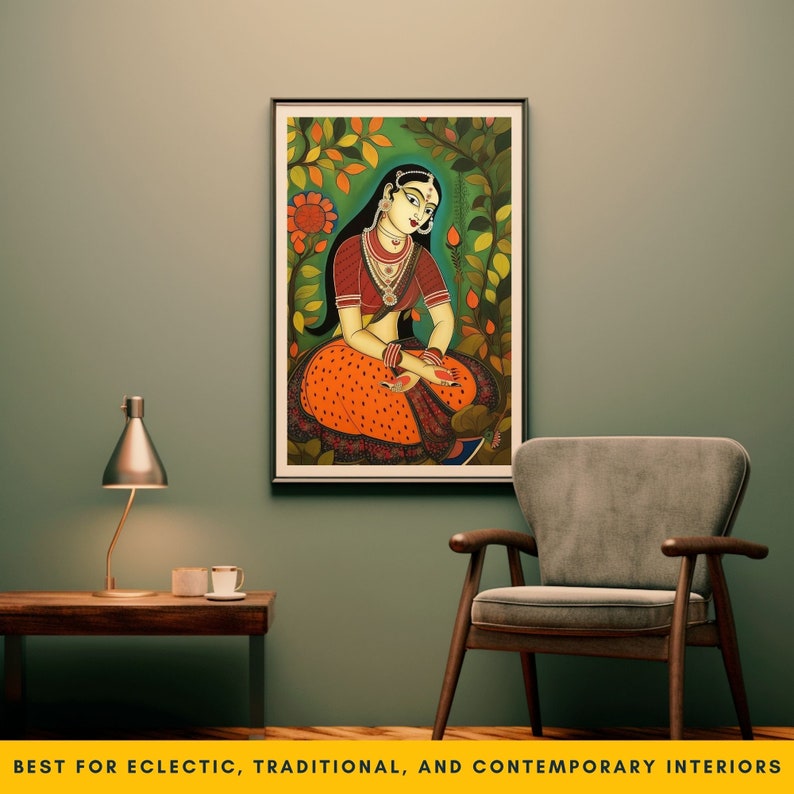 Green Kalighat Painting, Serene Woman in Nature, Hindu Folk Art Print ...