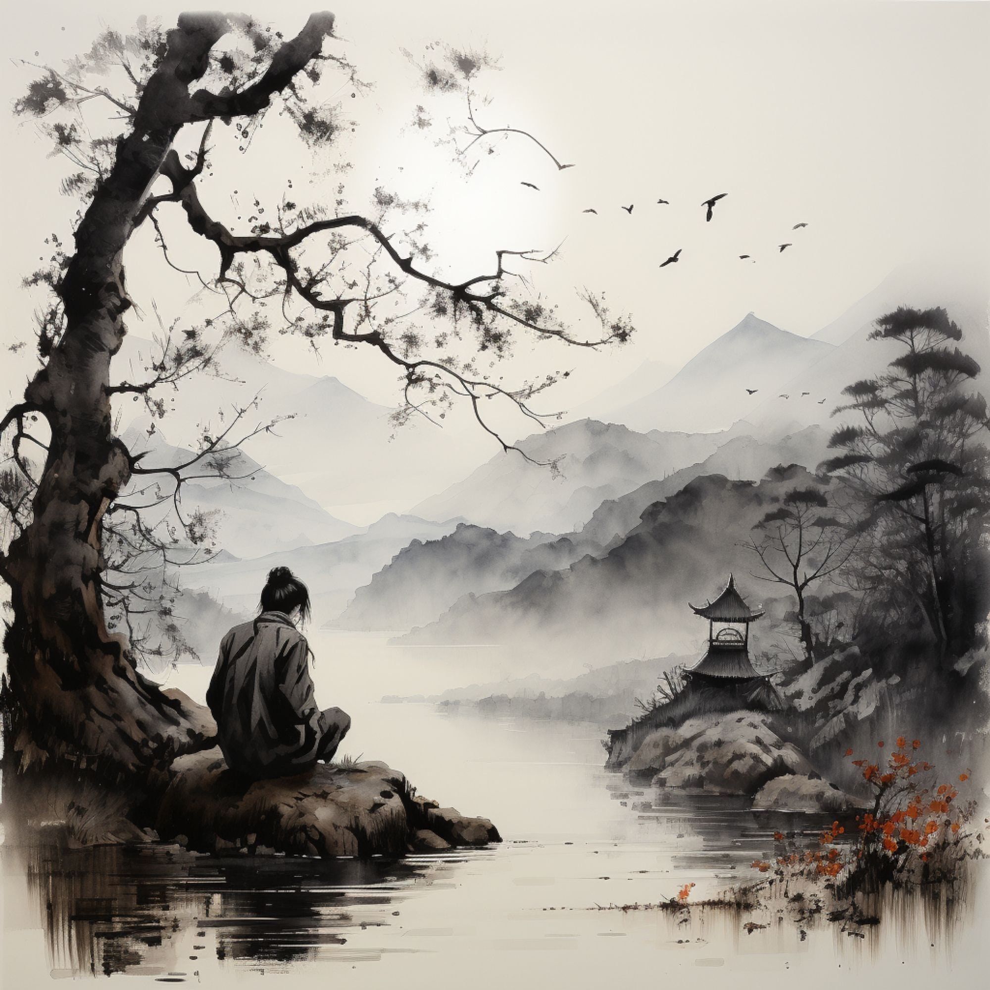 Traditional Japanese Sumi-e Painting - Black and White Japanese Wall ...