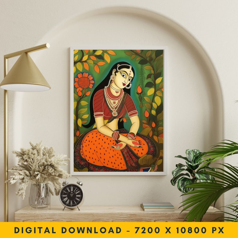 Green Kalighat Painting, Serene Woman in Nature, Hindu Folk Art Print ...