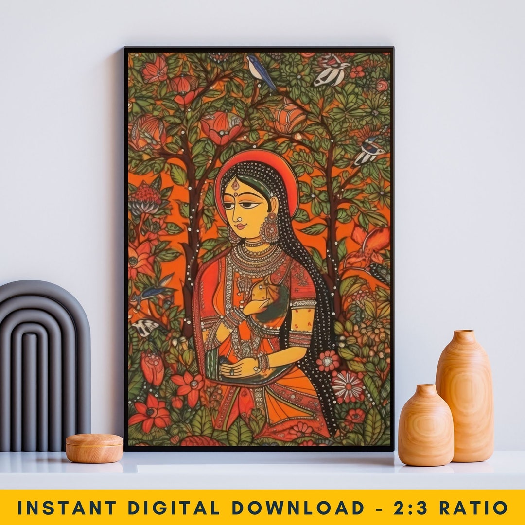 Indian Madhubani Painting, Madhubani Wall Art, Vintage Indian Folk Art Poster, Madhubani Art ...