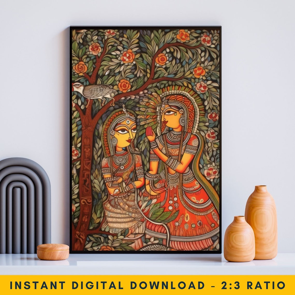 Indian Madhubani Painting, Madhubani Wall Art, Vintage Indian Folk Art Poster, Madhubani Art ...