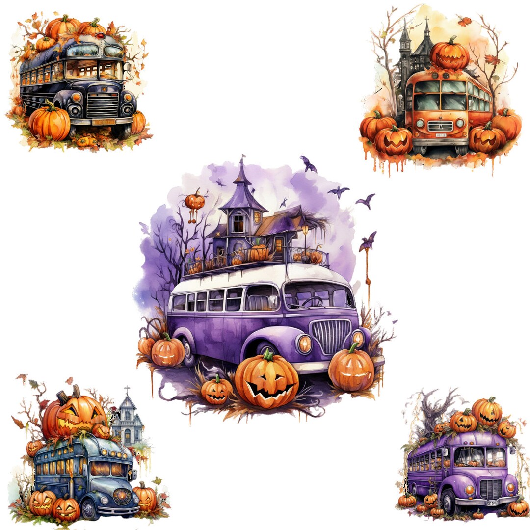 16 Water Color Halloween Bus Svg Bundle, Halloween Pumpkin Face Bus Svg ...