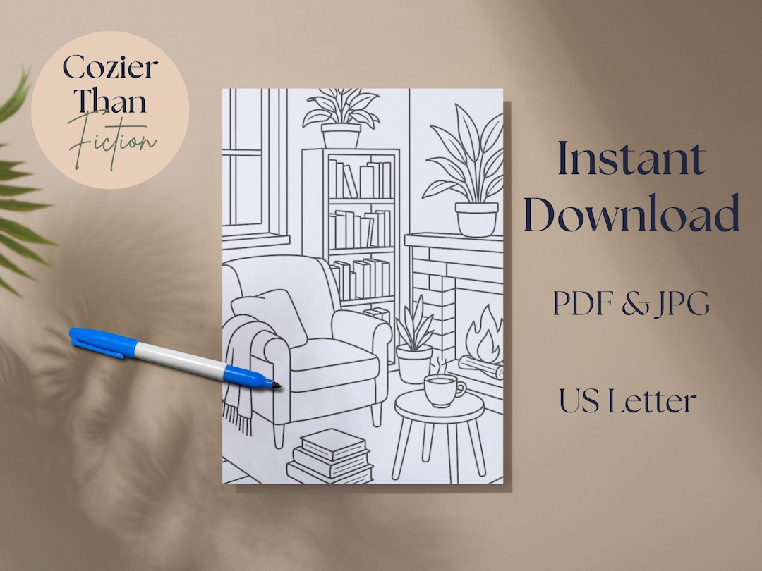 Cozy Reading Nook Coloring Page: Relaxing Library Scene (PDF/JPG ...