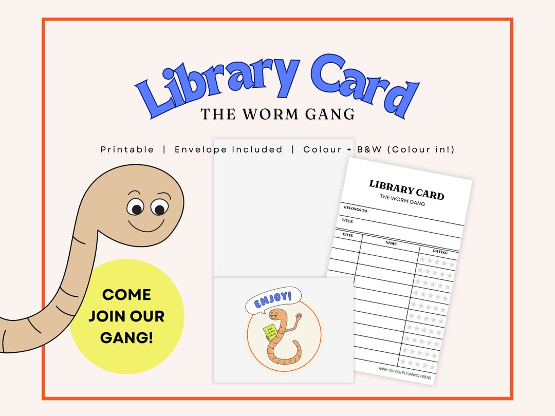 THE WORM GANG | Kids Library Card + Pocket | Printable | Book Loan Card ...