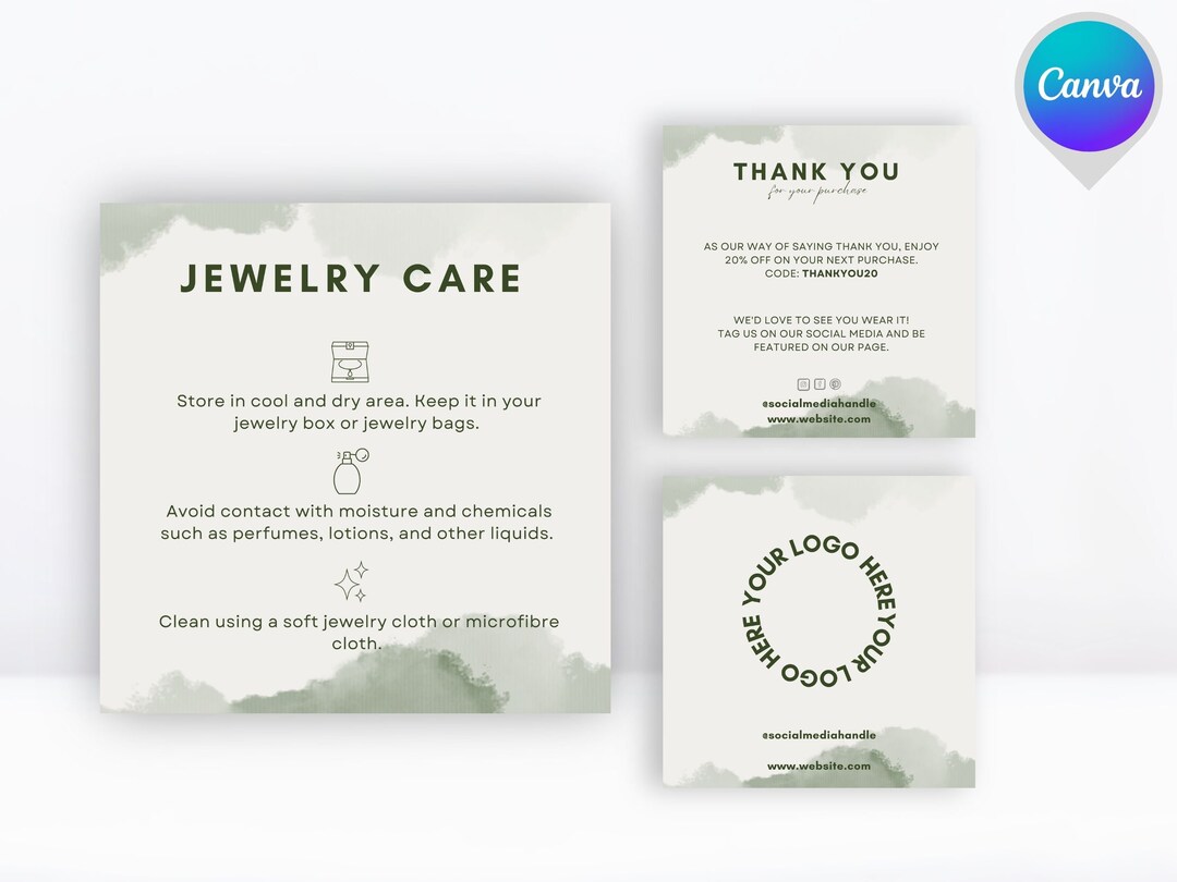 Bundle 2 Color Schemes Editable Jewelry Care and Thank You Card ...