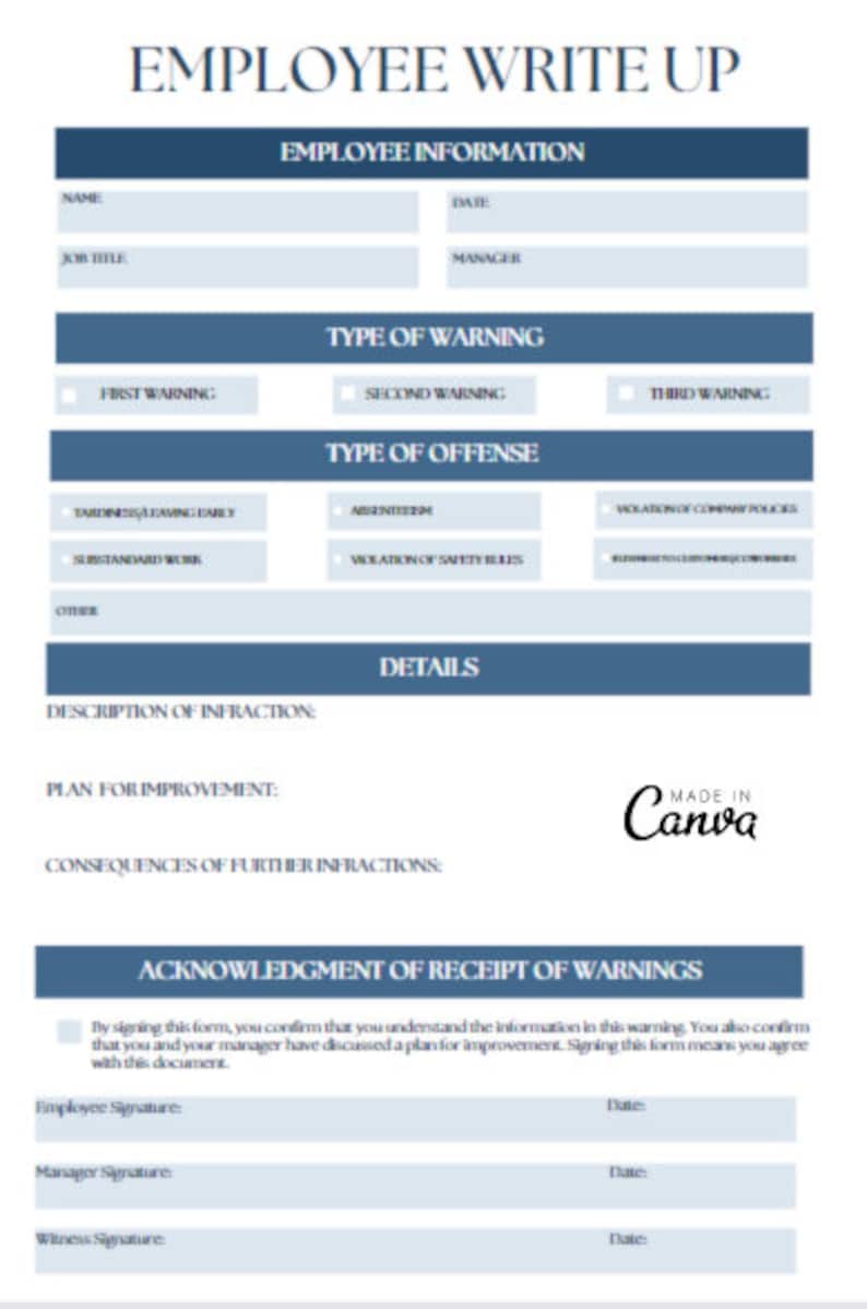 Employee Write up Form, Editable Employee Write Up, Write up Form, Hr ...