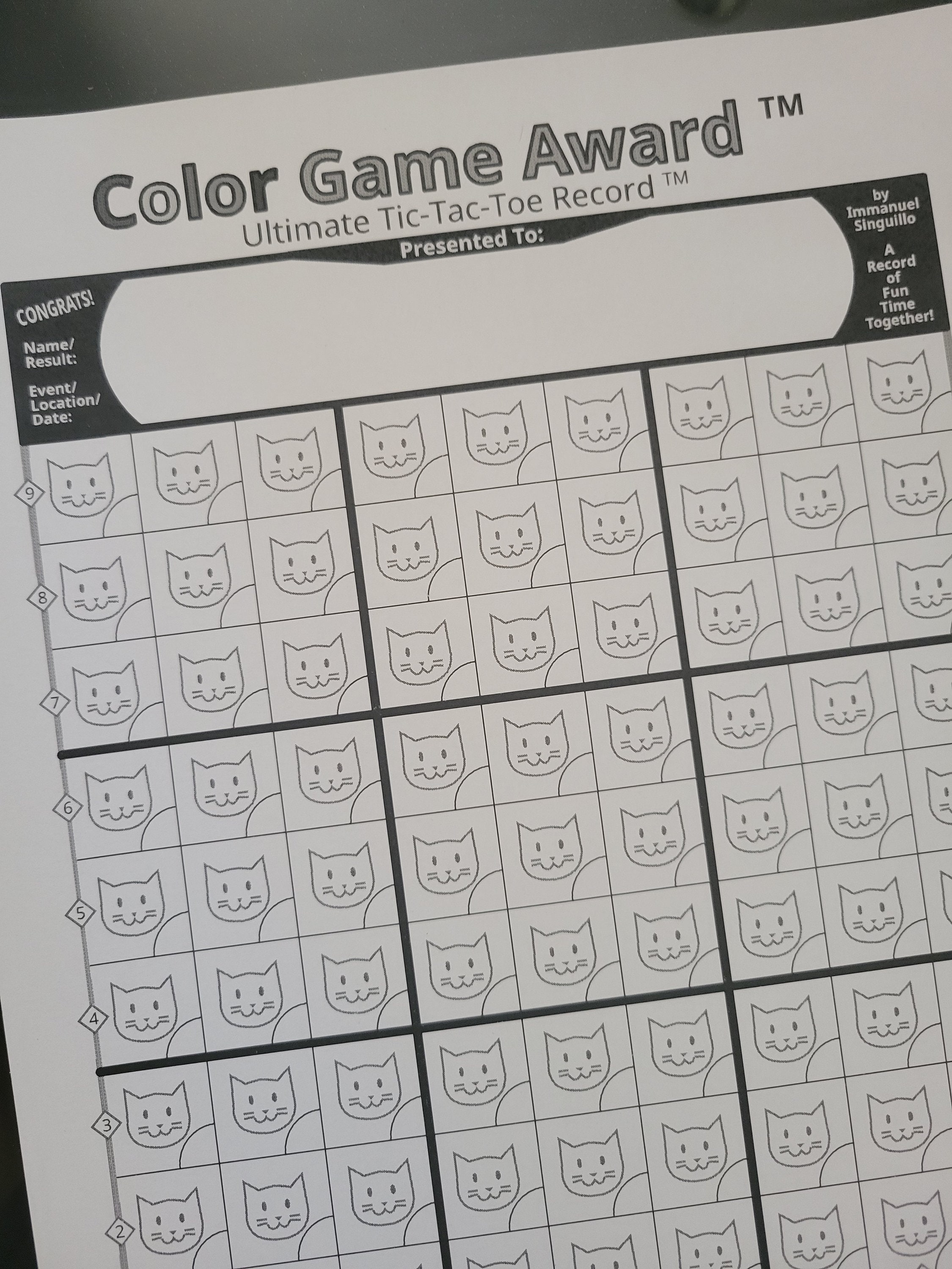 Cat Face Design of Printable Color Game Award Ultimate Tic-tac-toe ...