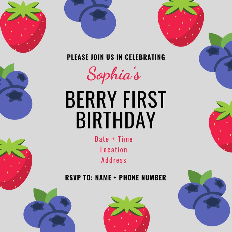 Berry First Birthday Editable Invitation - Etsy