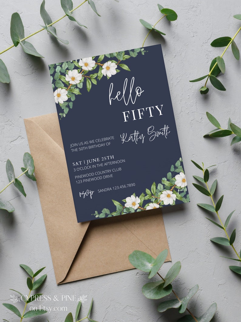 Hello Fifty 50th Birthday Invitation Template Floral 50th - Etsy