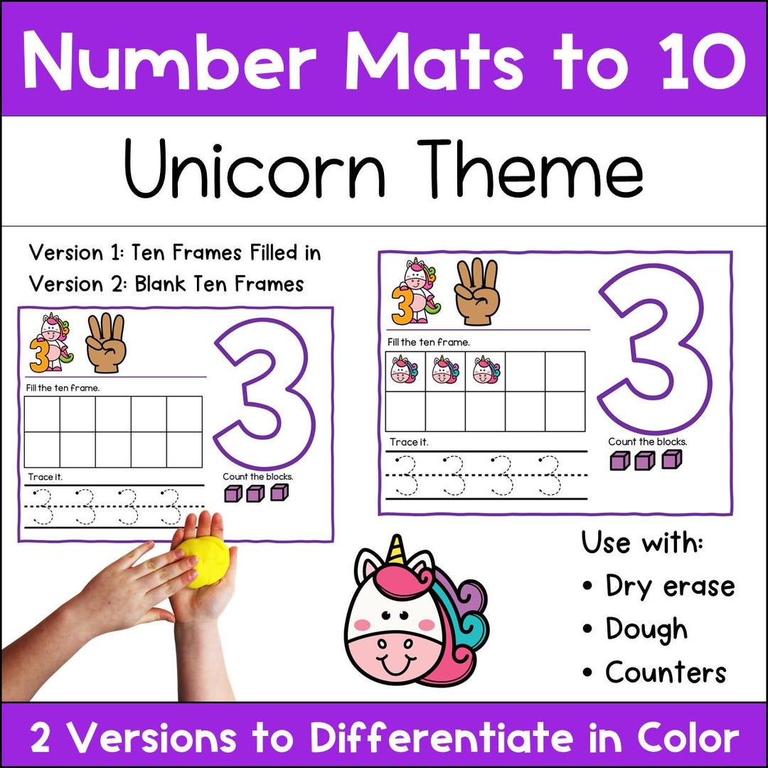 Unicorn Ten Frame Playdough Number Mat 1-10 Printable | Counting ...