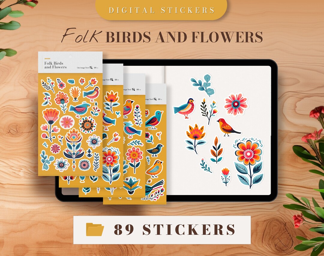 Folk Birds and Flowers Digital Stickers Set | Goodnotes Stickers, PNG ...