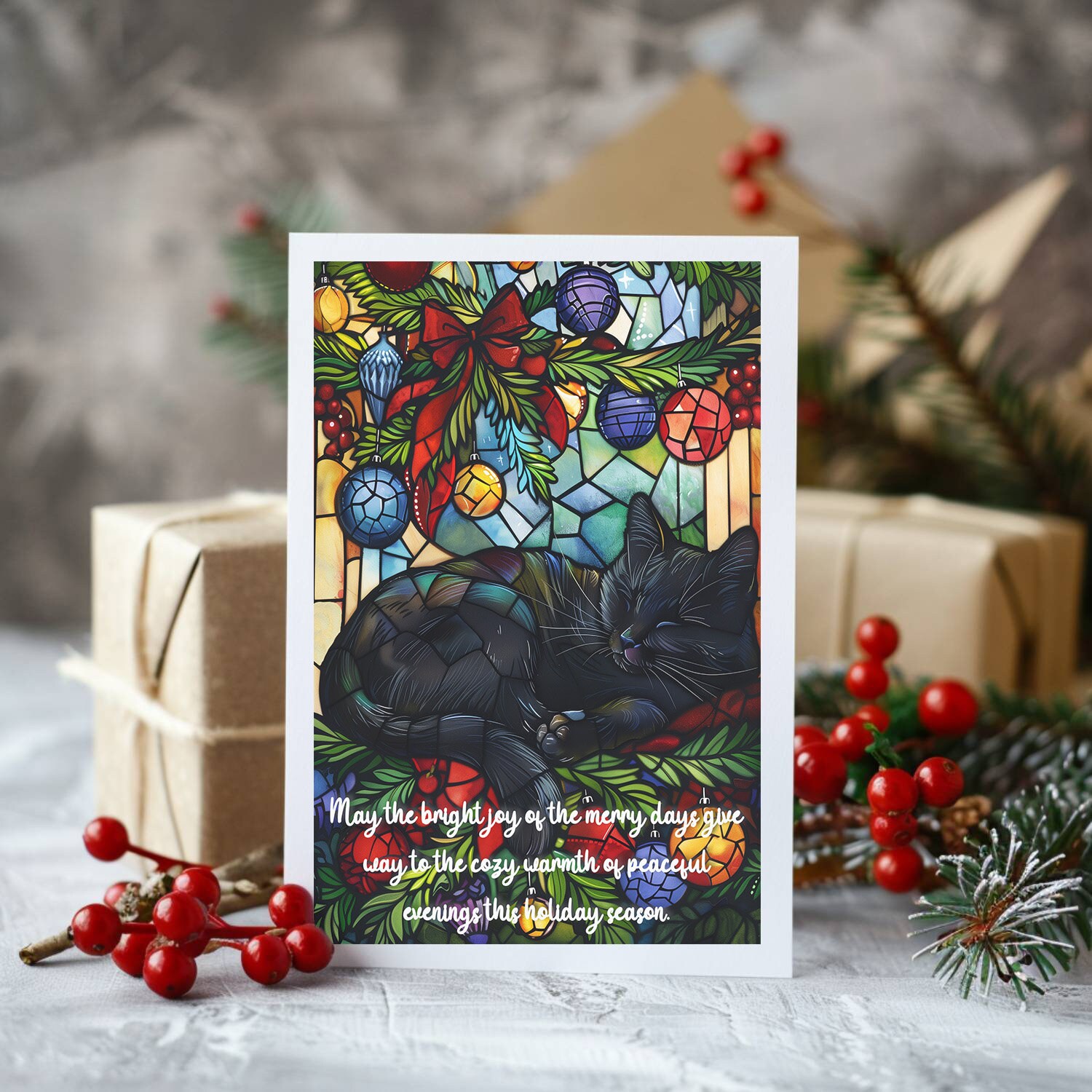 Black Cat Stained Glass Christmas Card – Holiday Folder Package - Etsy