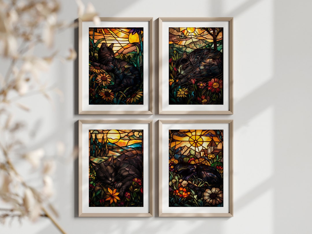 Stained Glass Black Cat Art - Set of 2, 3, or 4 Prints in 4 Different ...