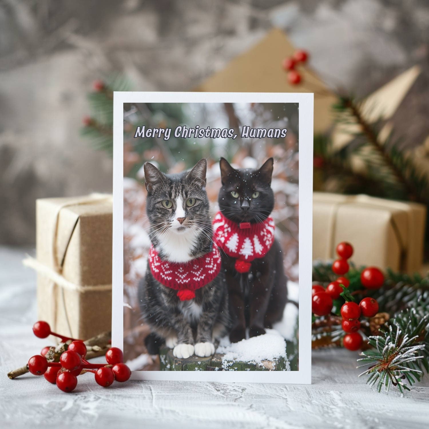 Funny Cat Holiday Card Merry Christmas Humans Available Alone or in 12 ...
