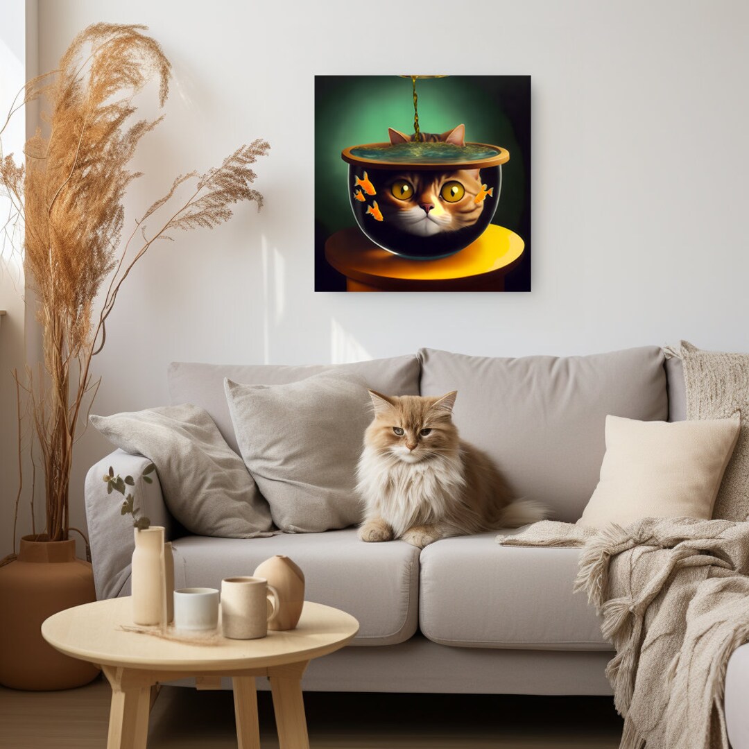 Surrealist Cat Wall Art "cat in a Fishbowl" Canvas Wrapped Premium Wall ...