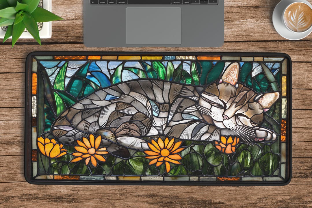 Stained Glass Cat Desk Mat – Grey Tabby Mouse Pad - Etsy