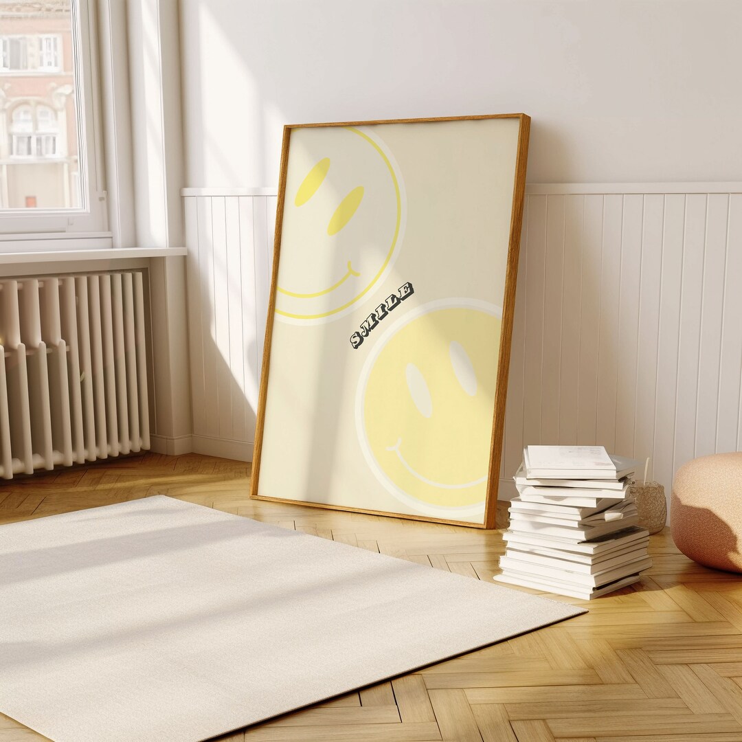 Smile Neutral Wall Design - Digital Print, Yellow Smiley Faces Print ...