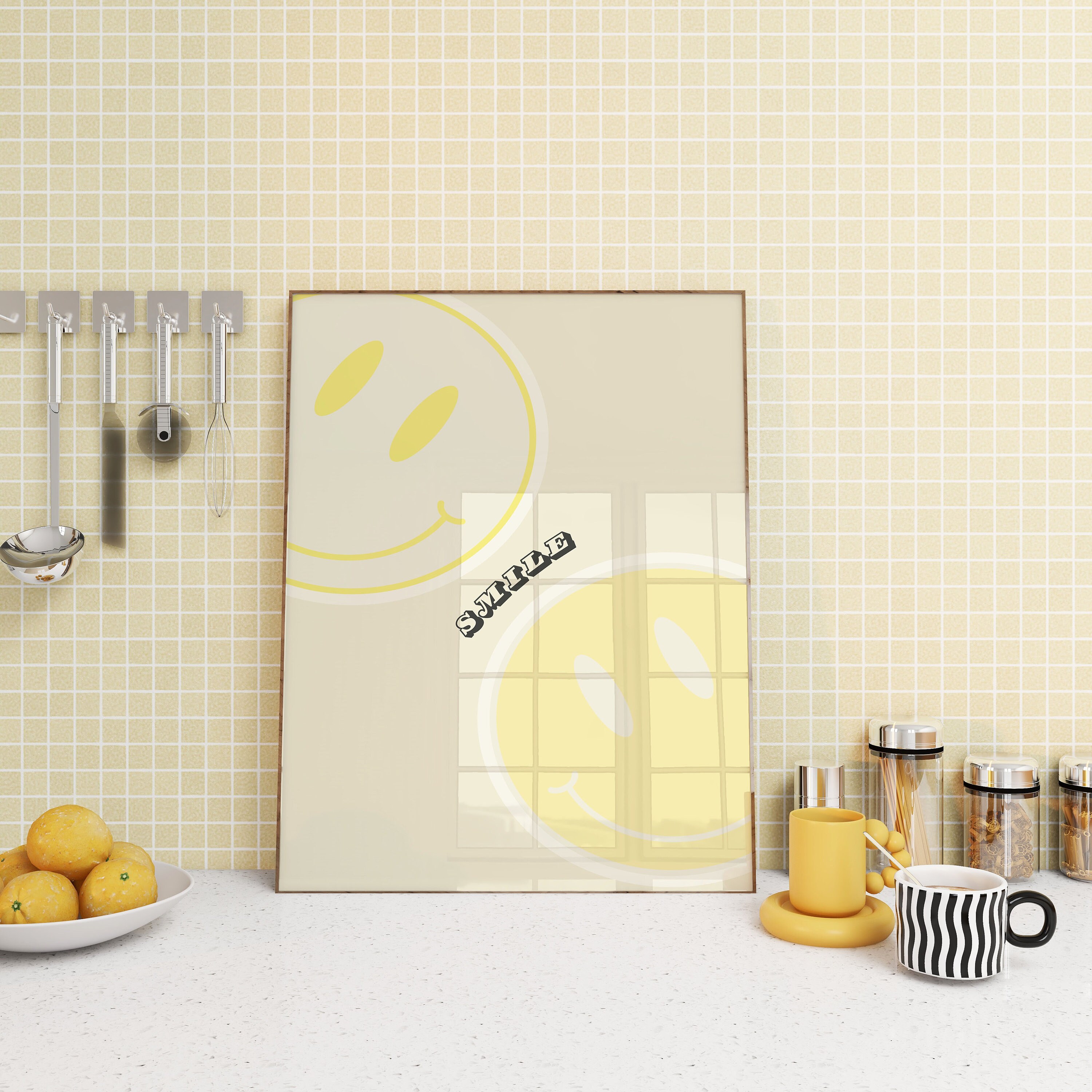 Smile Neutral Wall Design - Digital Print, Yellow Smiley Faces Print ...