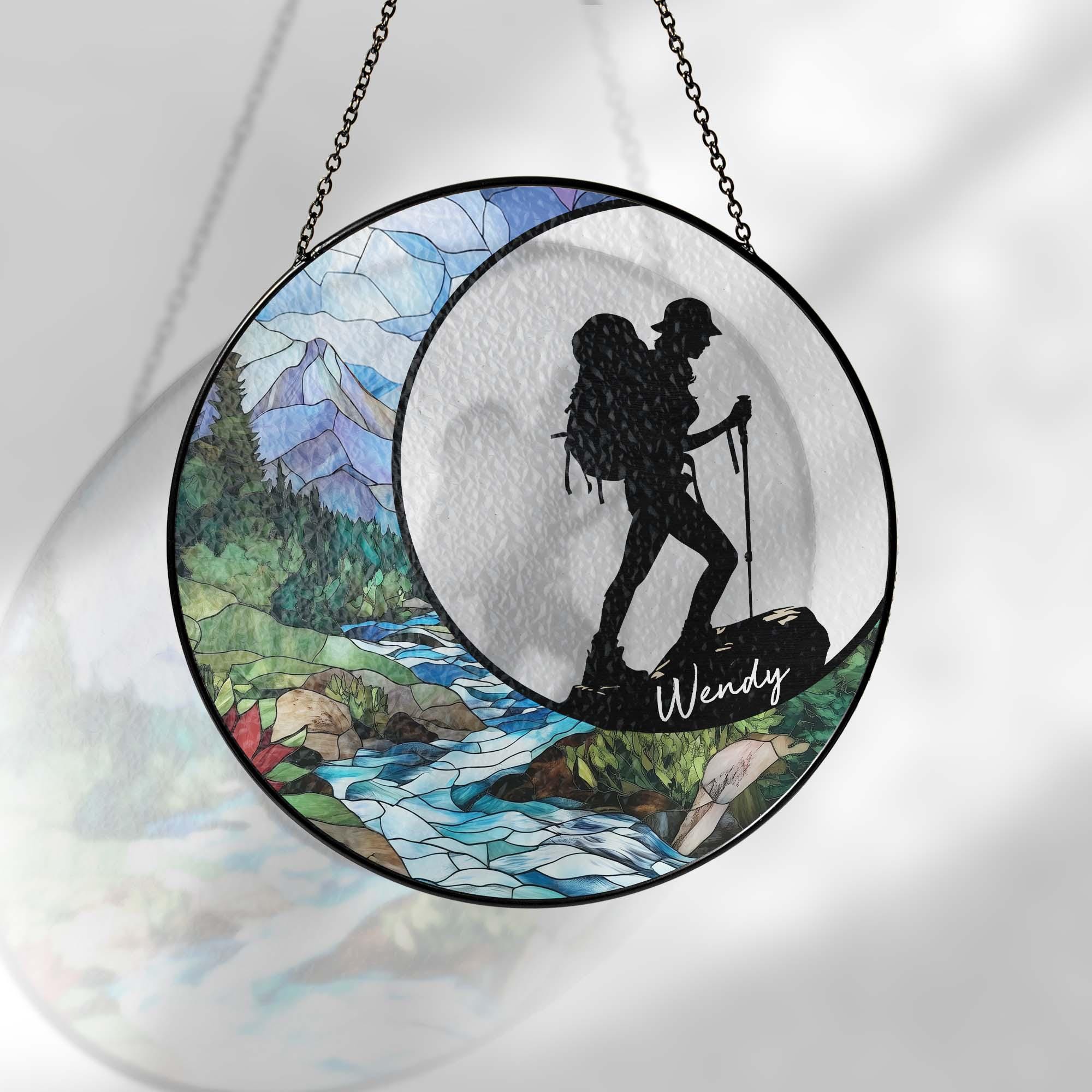 Personalised Hiking Stained Glass Suncatcher, Custom Name Hiker ...