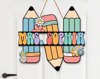 Custom Teacher Door Hanger, Personalized Teacher Pencil Name Sign ...