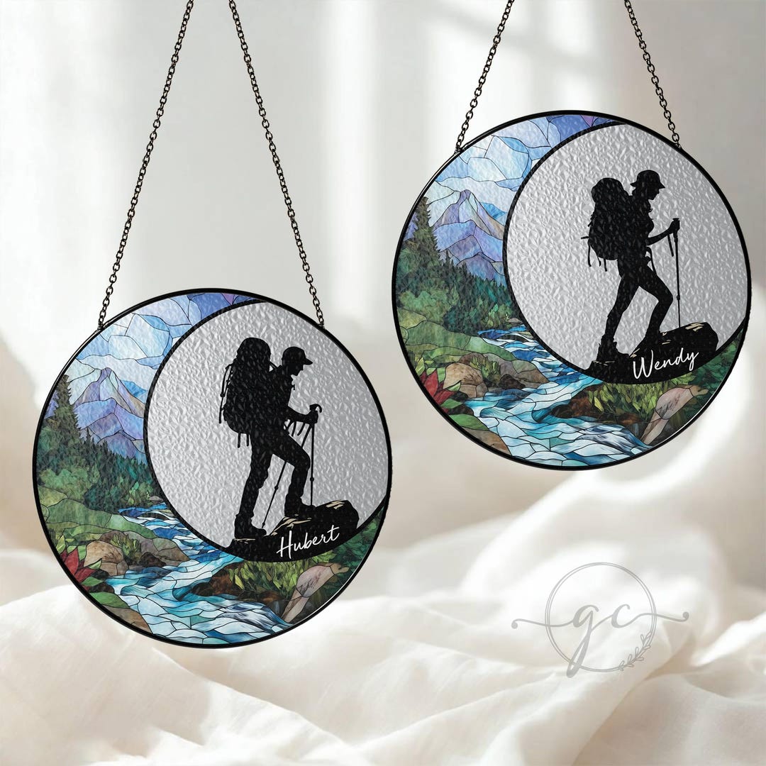 Personalised Hiking Stained Glass Suncatcher, Custom Name Hiker ...