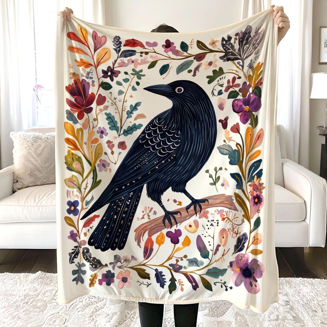 Vintage Crow Raven Blanket, Boho Crow Blanket, Cottagecore Blanket ...