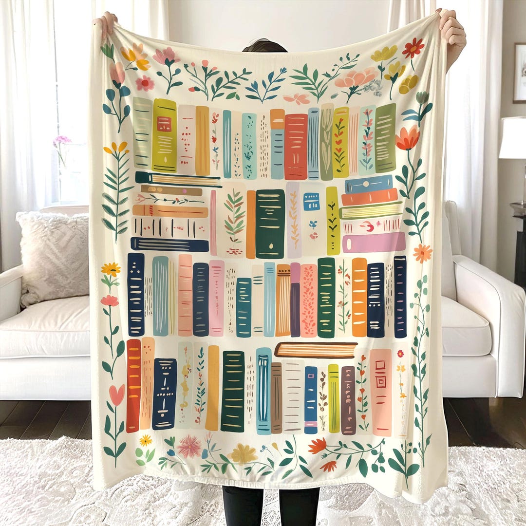 Vintage Library Blanket, Boho Wildflowers Bookish Quilt, Cottagecore ...