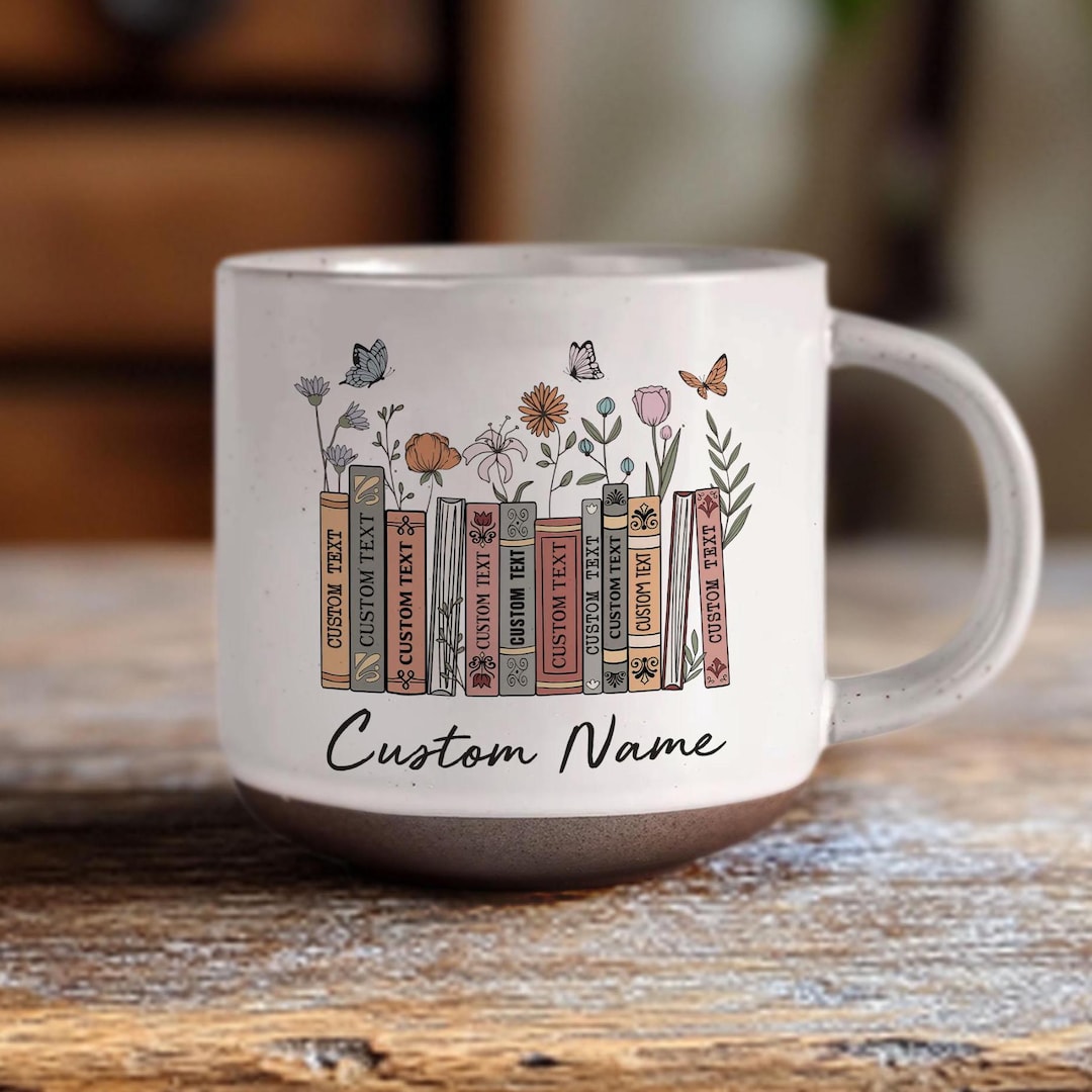 Personalized Book Pottery Mug, Custom Tittle & Name Bookish Mug, Boho ...