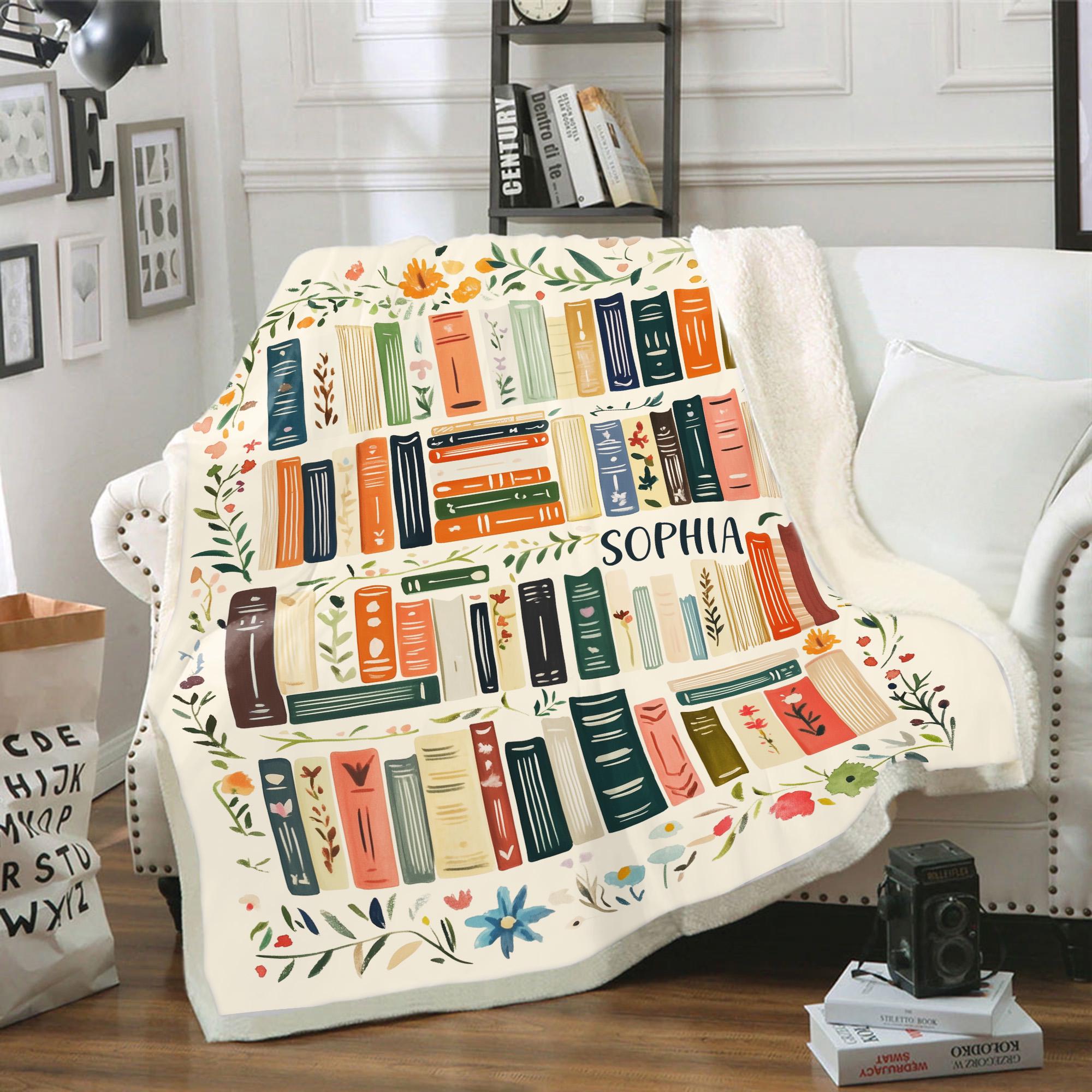 Custom Name Vintage Bookshelf Blanket, Boho Wildflowers Library Bookish ...