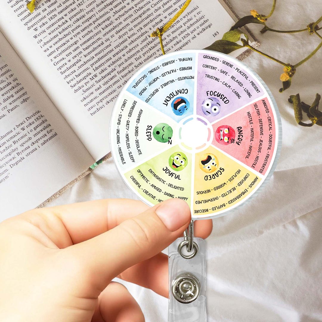 Feelings Wheel Badge Reel, Emotions Wheel Badge, Mental Health Badge ...