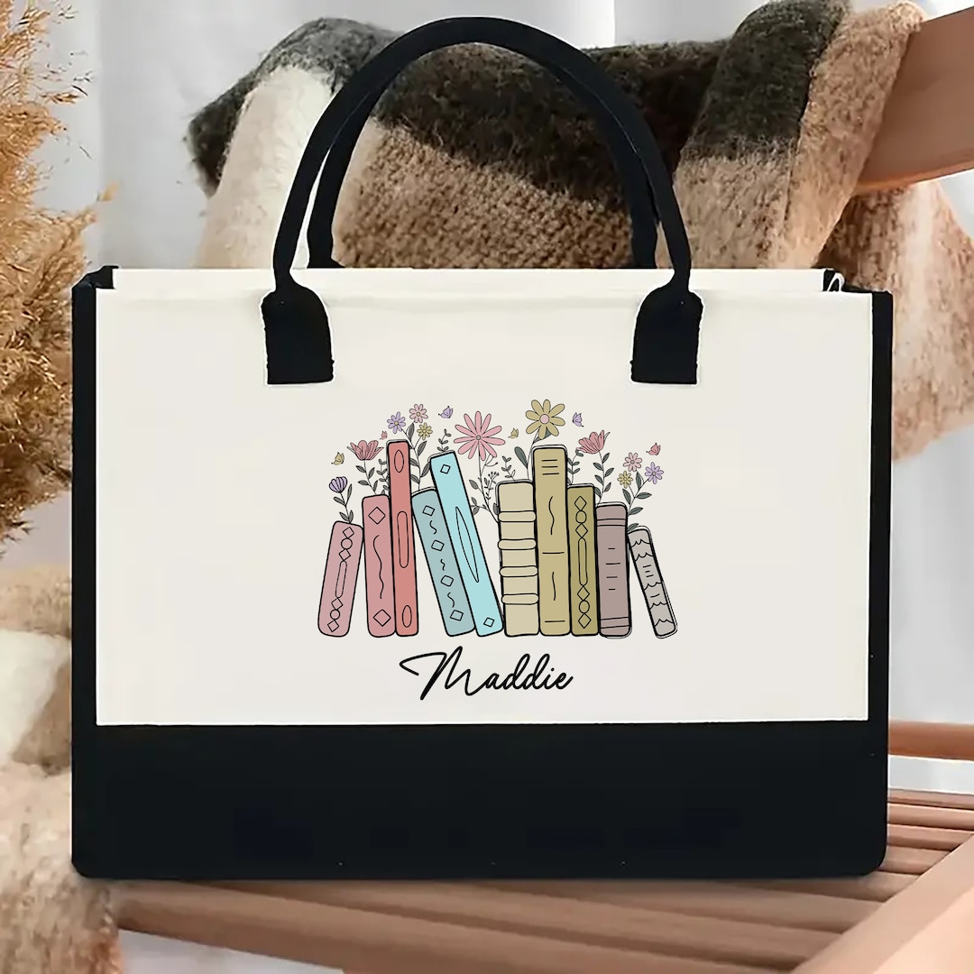 Personalized Floral Bookish Bag, Book Lovers Tote School Bag, Gift for ...