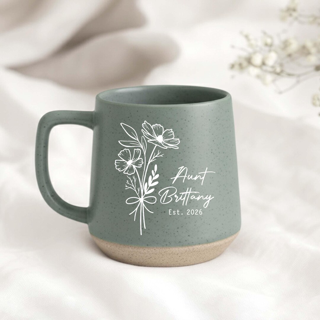 Personalized Birth Flower Coffee Mug, Custom New Auntie Gift Pottery ...