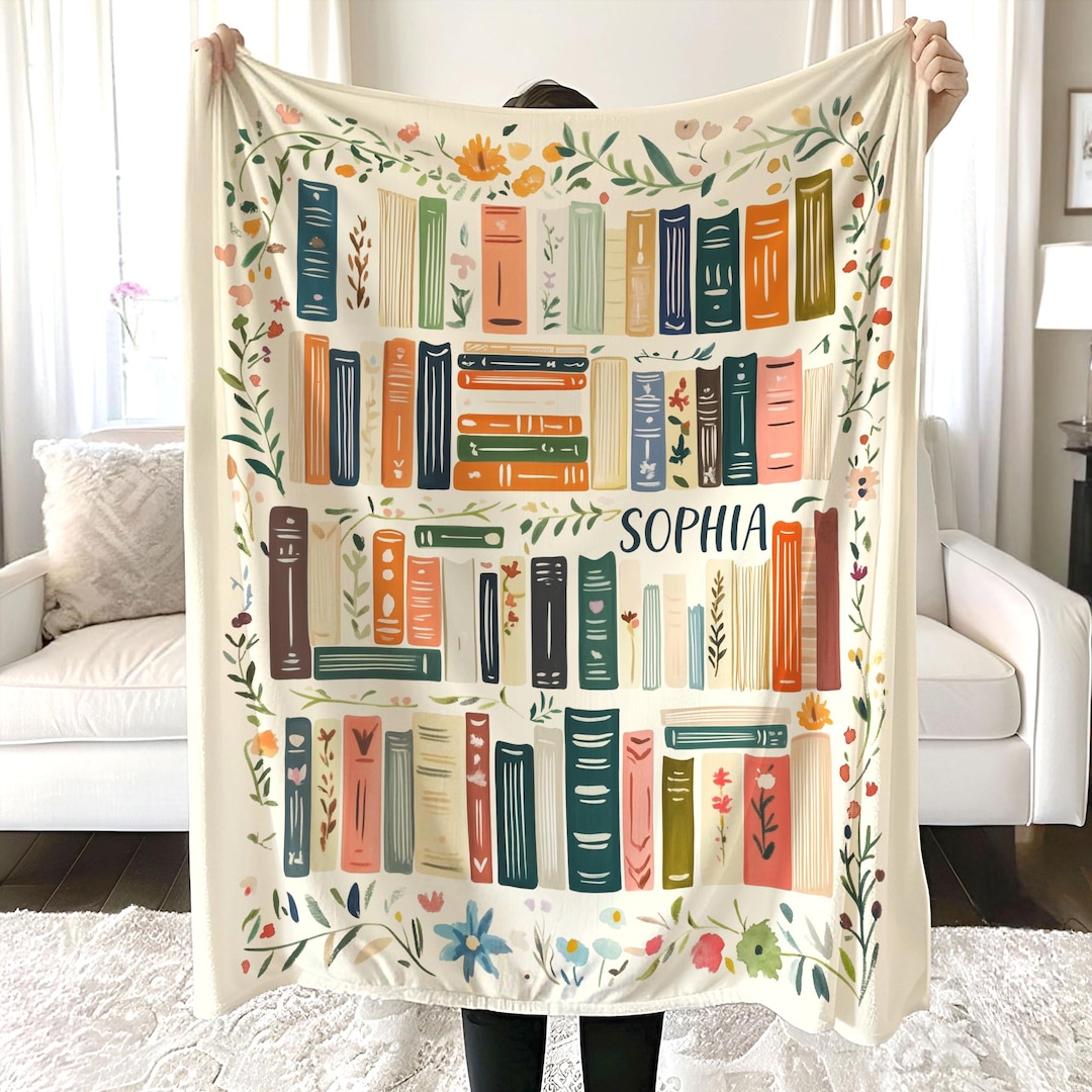 Custom Name Vintage Bookshelf Blanket Boho Wildflowers Library Bookish