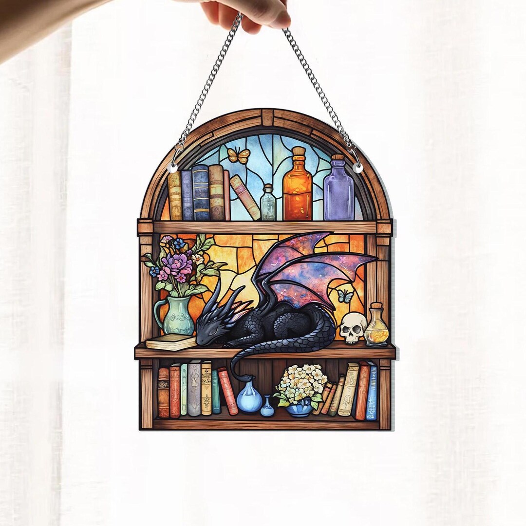 Fantasy Bookshelf Suncatcher Ornament, Fantasy Dragon Bookish Acrylic ...
