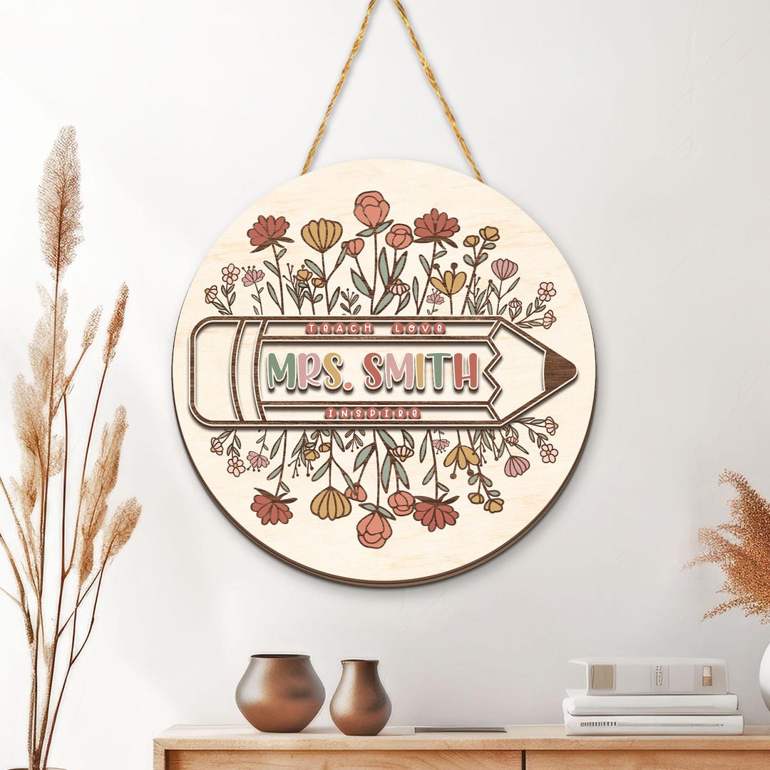 Personalized Floral Teacher Classroom Sign, Custom Teacher Wood Plaque ...