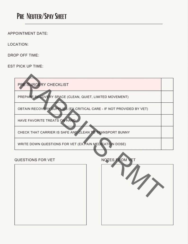 Bunny Neuter Fillable Guide | Pre-surgery Checklist, Post-op Tracker ...