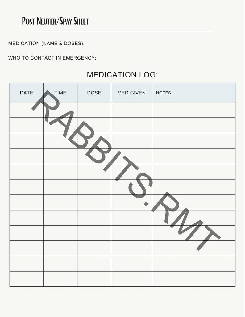Bunny Neuter Fillable Guide | Pre-surgery Checklist, Post-op Tracker ...