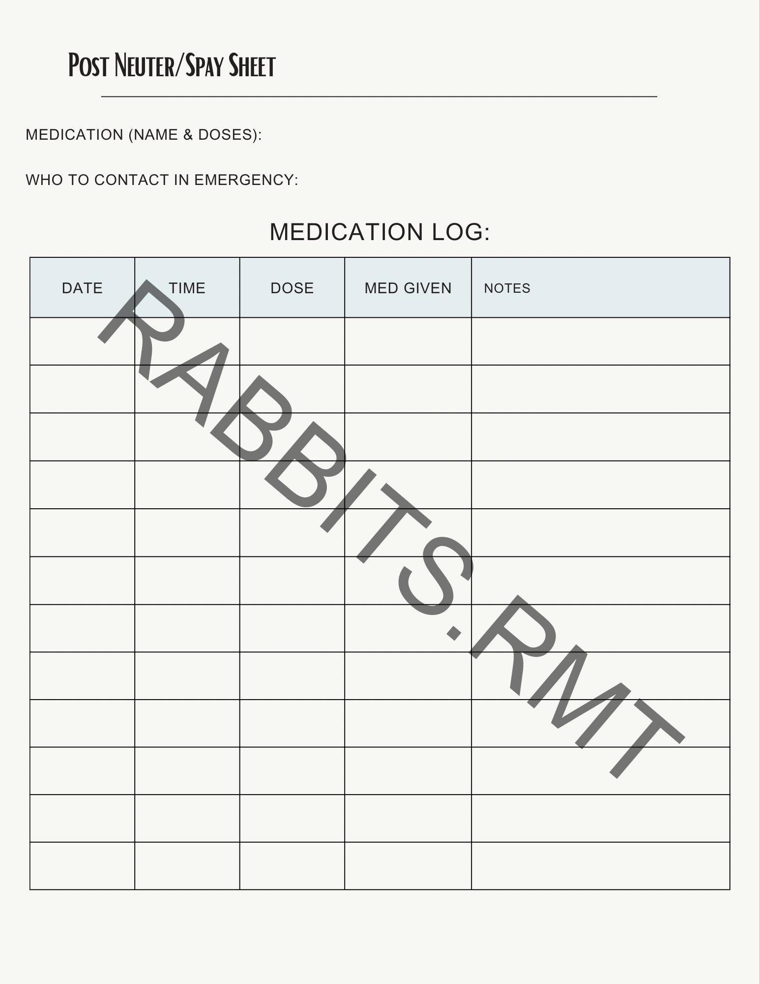 Bunny Neuter Fillable Guide | Pre-surgery Checklist, Post-op Tracker ...