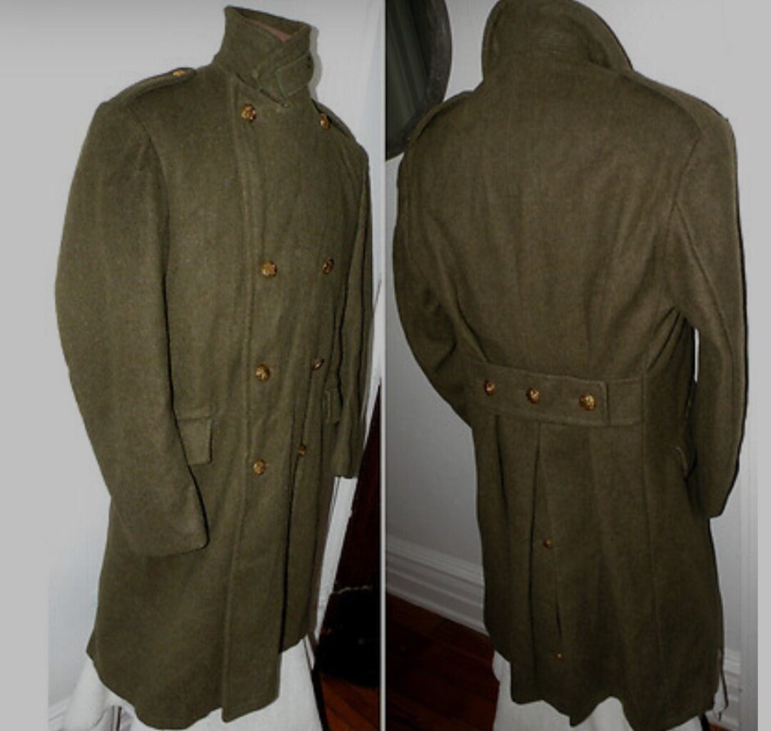 Vintage 1967 Belgian Army Wool Trench Coat SZ 5E/F Olive Drab and Gold ...