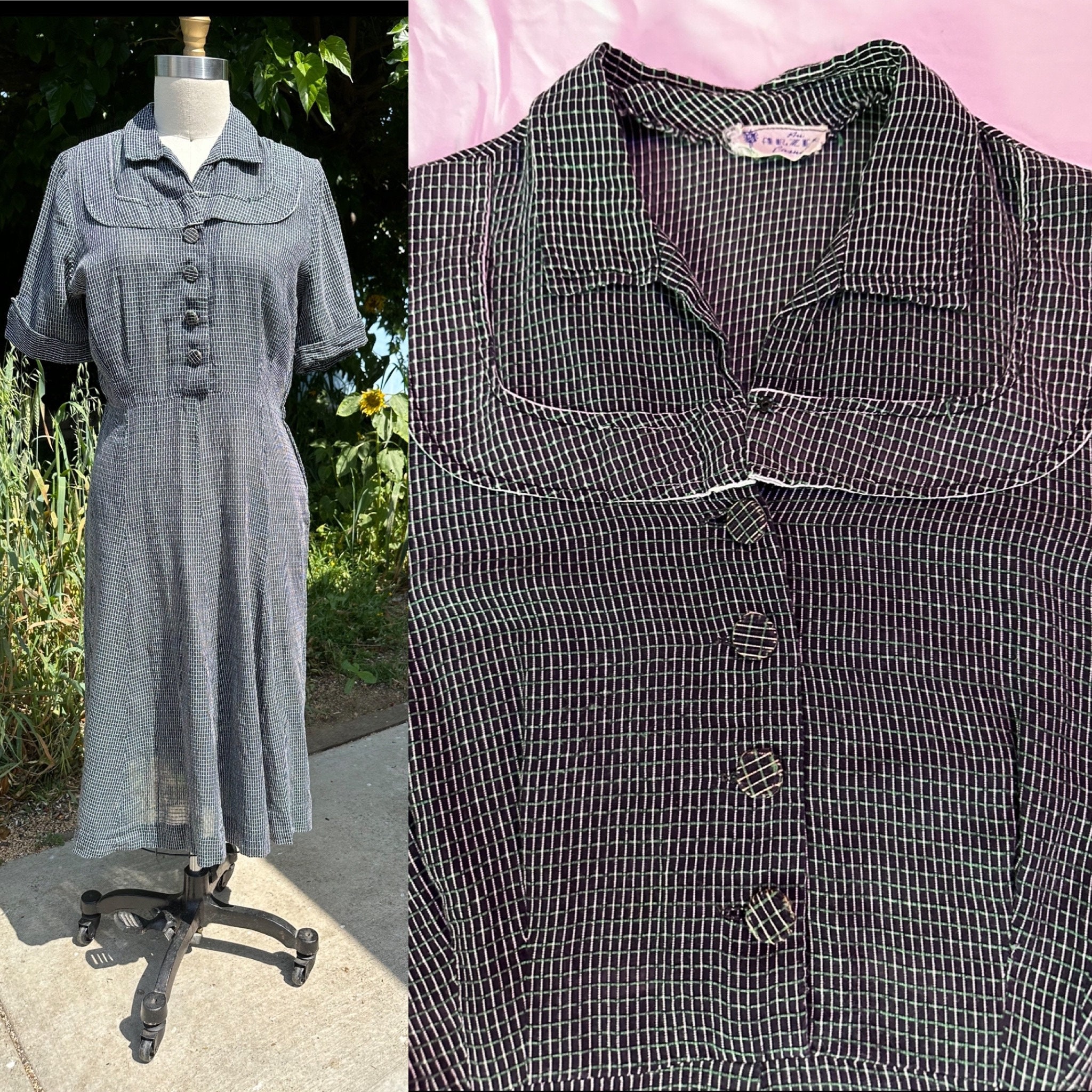 Vintage 1940's Black/white/green Plaid Day Dress Size 12 by Aw Arzee ...